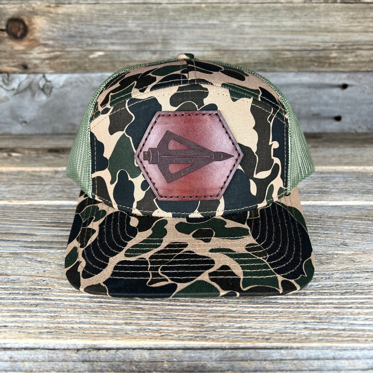 Broadhead Arrow Retro Duck Camo 7 Panel Leather Patch Trucker Hat ...