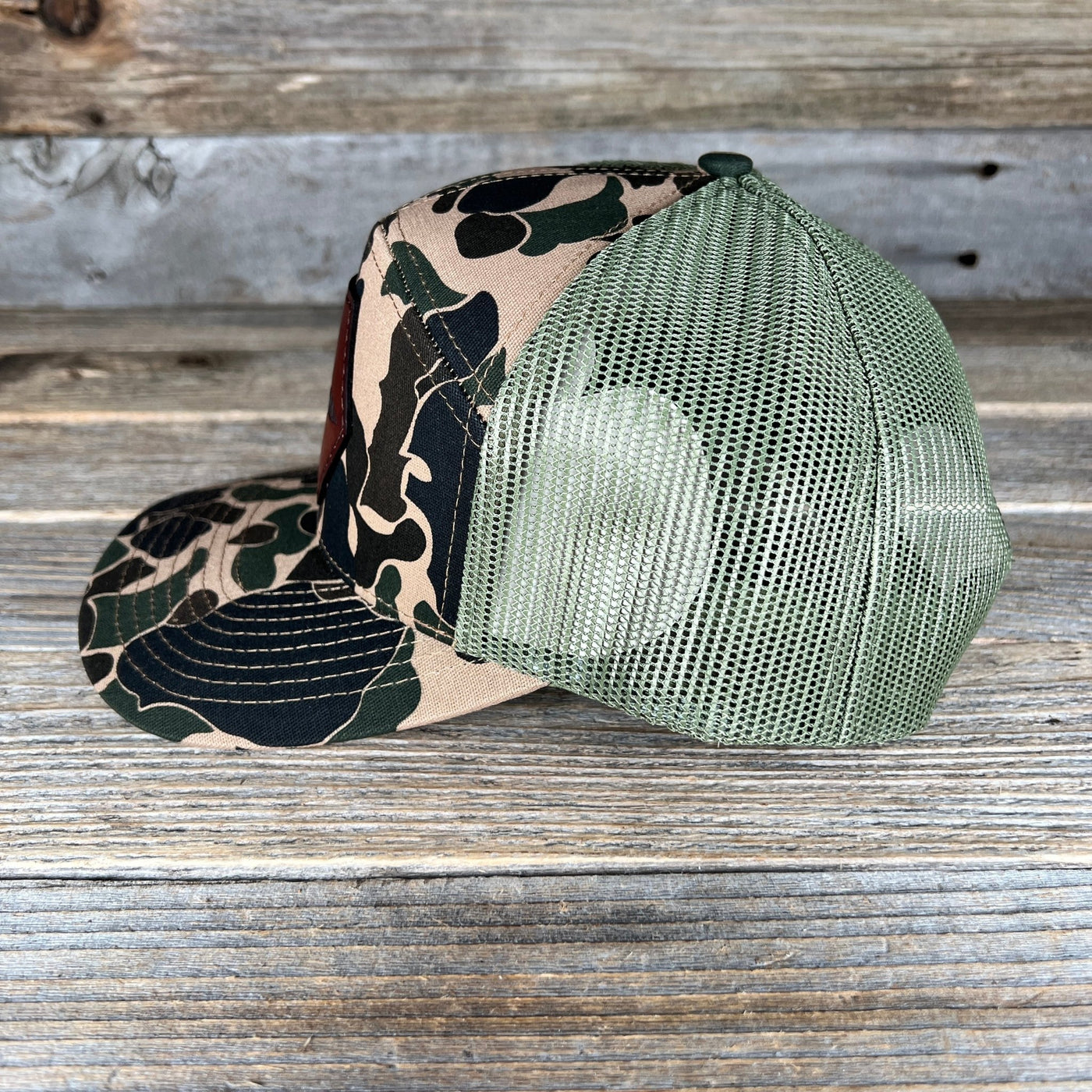 Broadhead Arrow Retro Duck Camo 7 Panel Leather Patch Trucker Hat ...