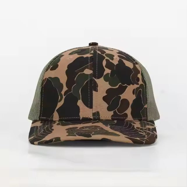 Retro Duck Camo/Light Green Leather Patch Trucker Hat — Savannah Moss Co.