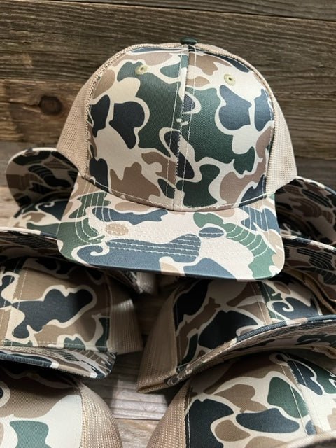 Marsh Camo/Khaki Custom Leather Patch Trucker Hat — Savannah Moss Co.