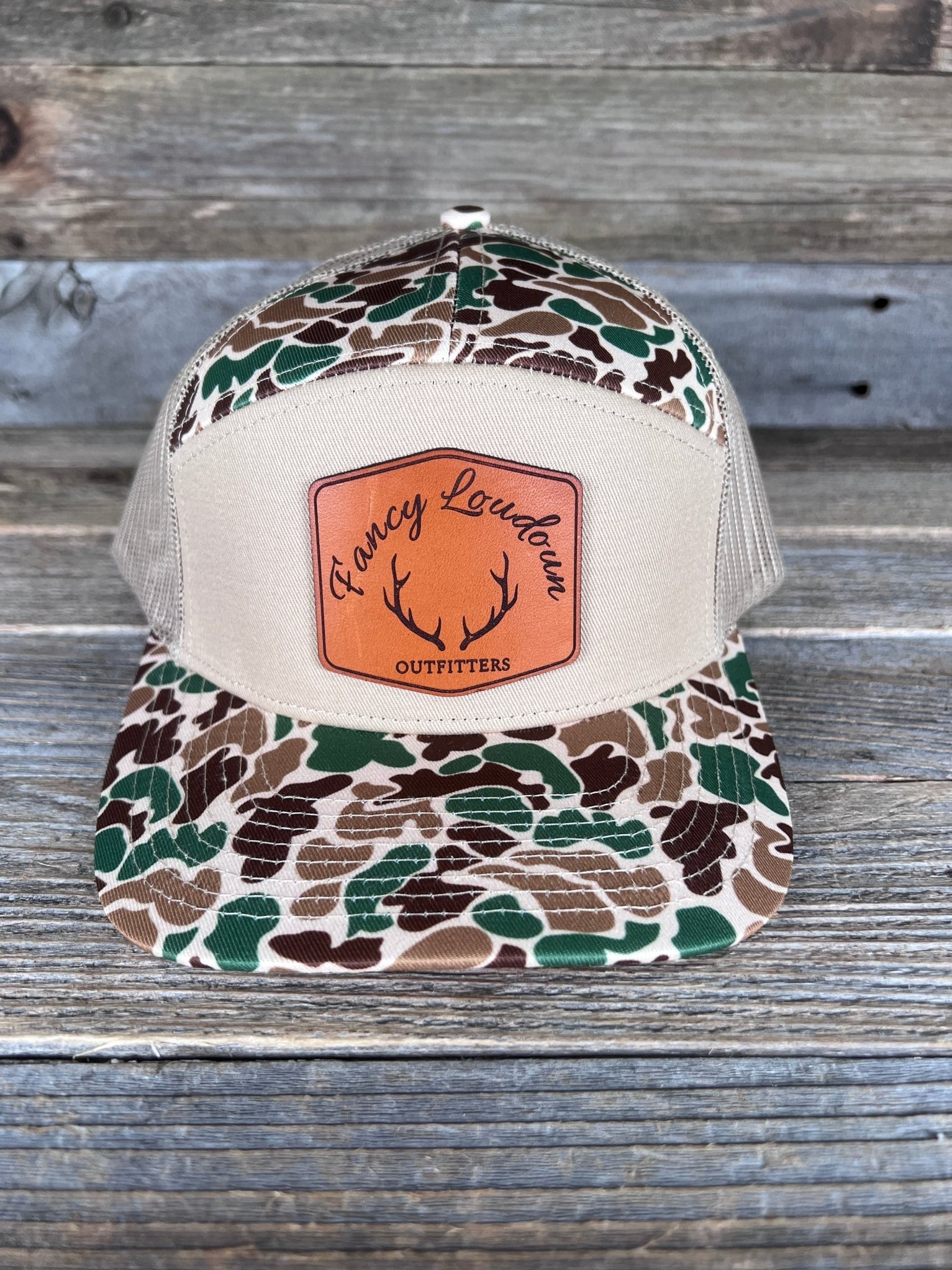 Sand Duck Camo/Tan 7 panel Leather Patch Hat — Savannah Moss Co.