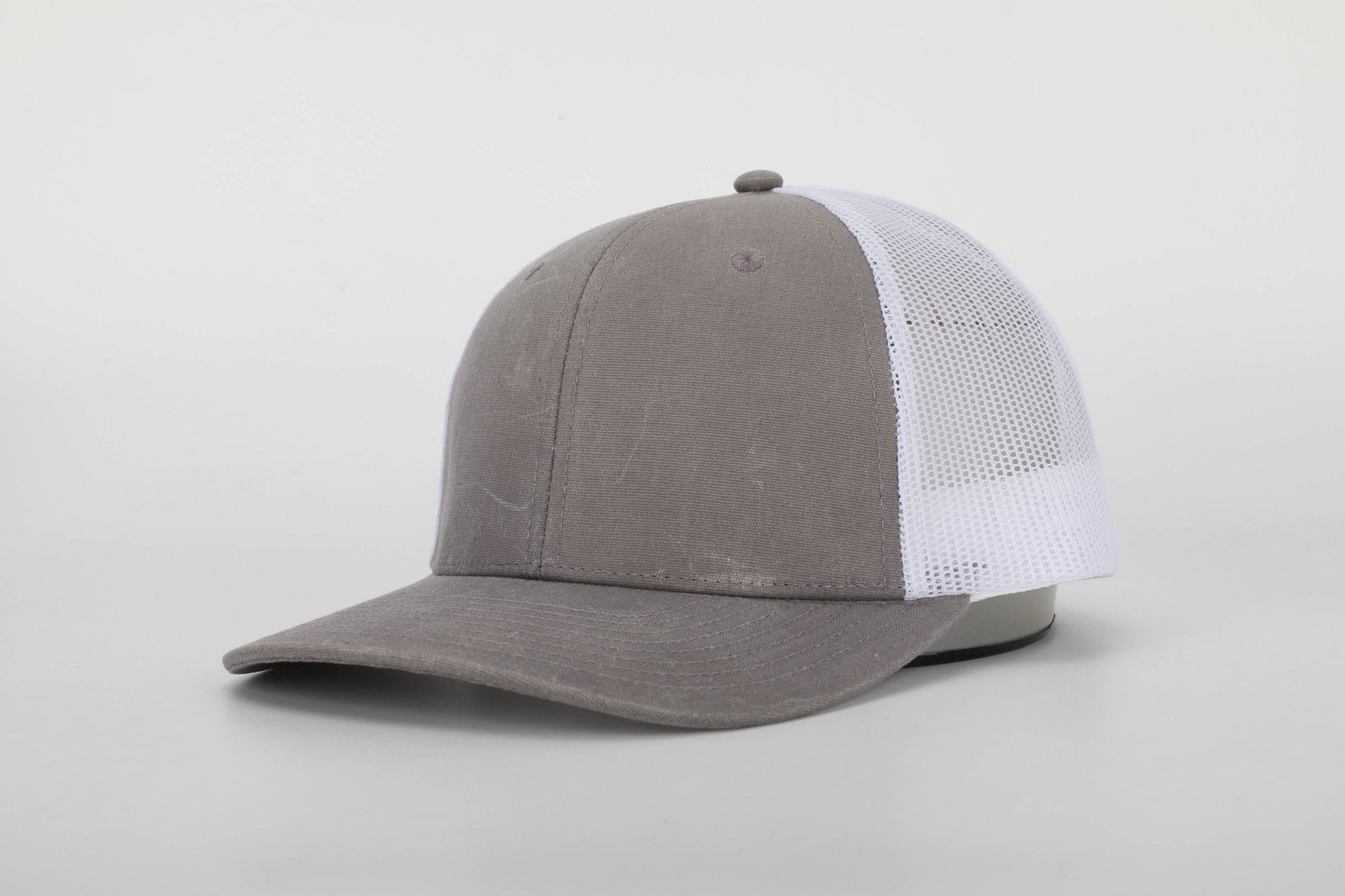 Waxed Grey/White Leather Patch Trucker Hat — Savannah Moss Co.